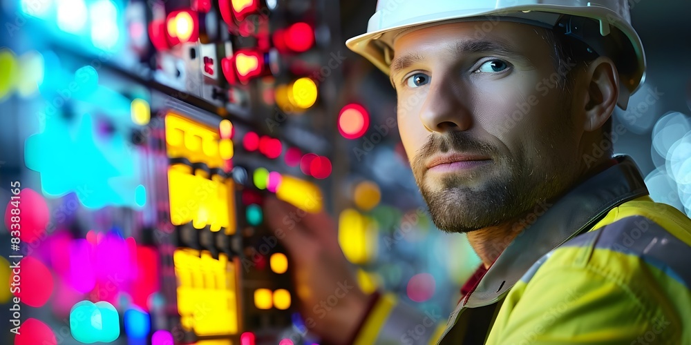 An engineer wearing a hard hat operating a control panel in a nuclear ...