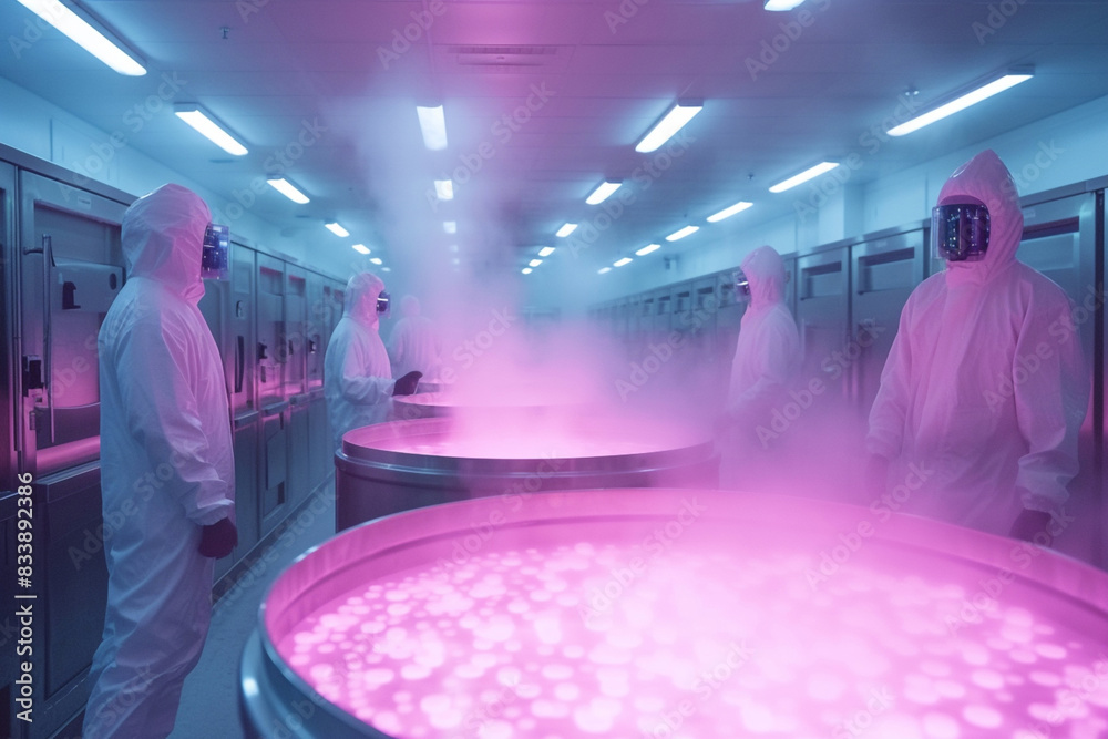 Scientists in protective suits work with cryogenic storage of liquid ...