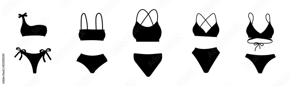 Set of various women' bikinis in black silhouette style isolated on ...