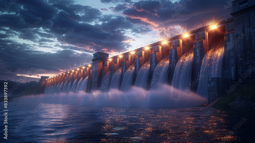 Dam releasing water at dusk, lit by warm lights, dramatic and dynamic ...