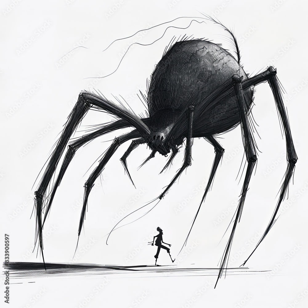 The black-and-white drawing shows a scary giant spider from which a man ...