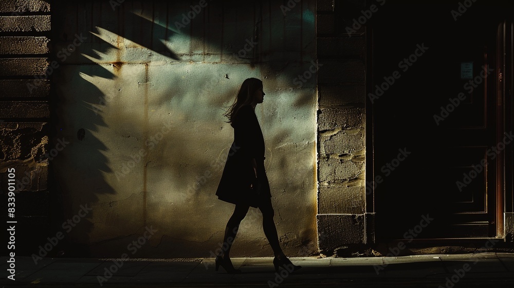 Silhouette of a young woman walking home alone at night on empty street ...