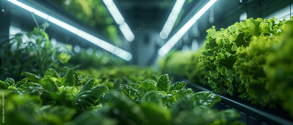 Vertical farm setup with rows of greens, artificial lighting enhancing ...