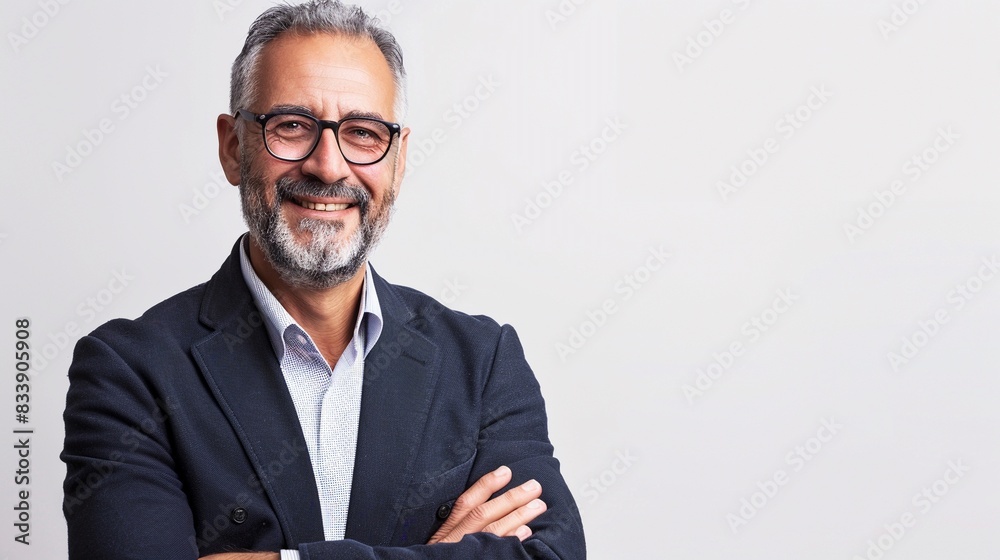 Happy confident mature Jewish businessman smiling to the camera with ...
