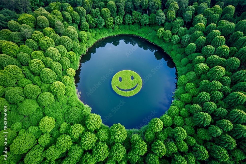 An aerial view of a smiley face made from lush greenery, surrounded by ...