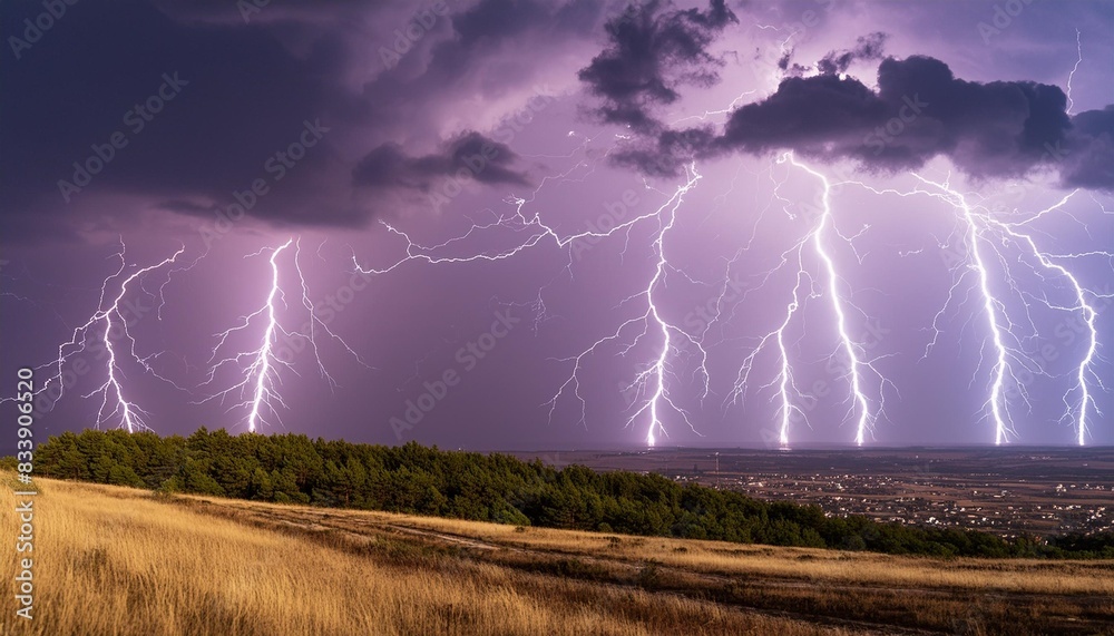thunderous dark sky with black clouds and flashing lightning panoramic view concept on the theme ...