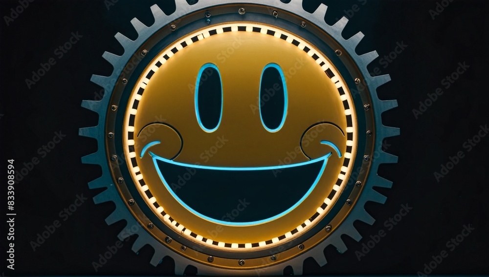 An innovative mechanical smiley face sculpture with neon lights and ...