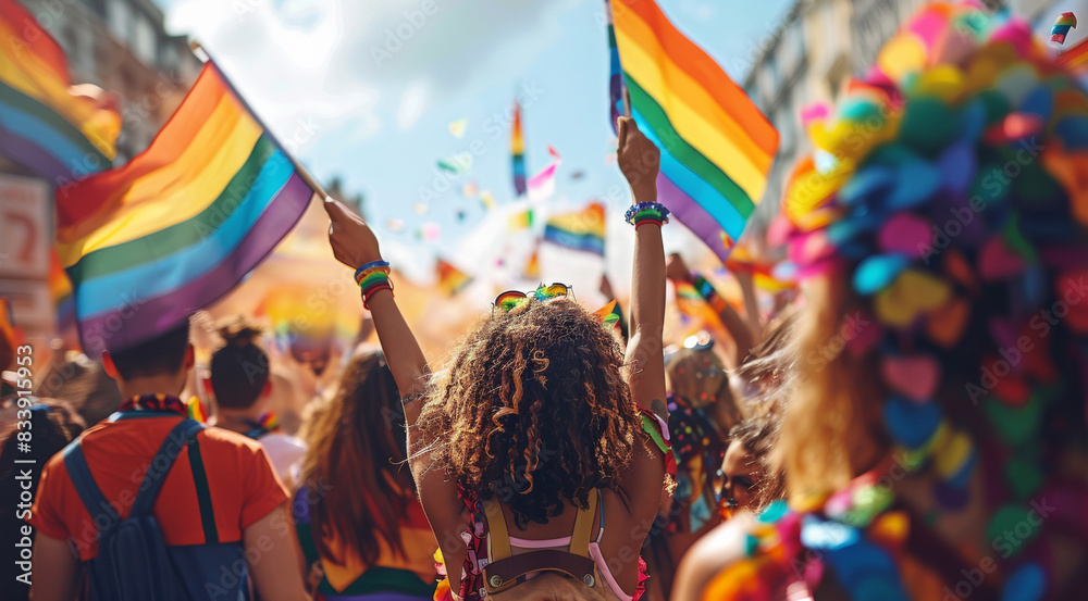 A group of diverse individuals marching in a pride parade, holding ...