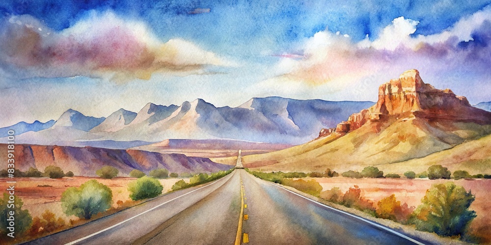 Route 66 highway road under a clear sky with desert mountains in the ...