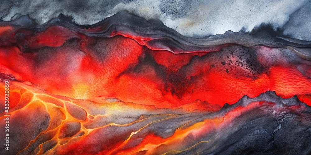Close up texture of lava flow in red and black background watercolor ...