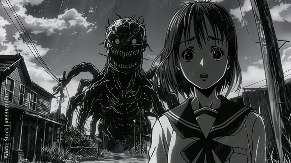 black and white video loop of a manga school girl, horror monster in a ...