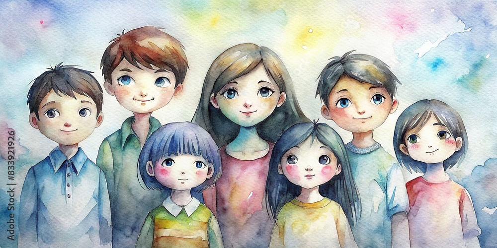 Cartoon of seven siblings with one black-haired sibling in watercolor ...