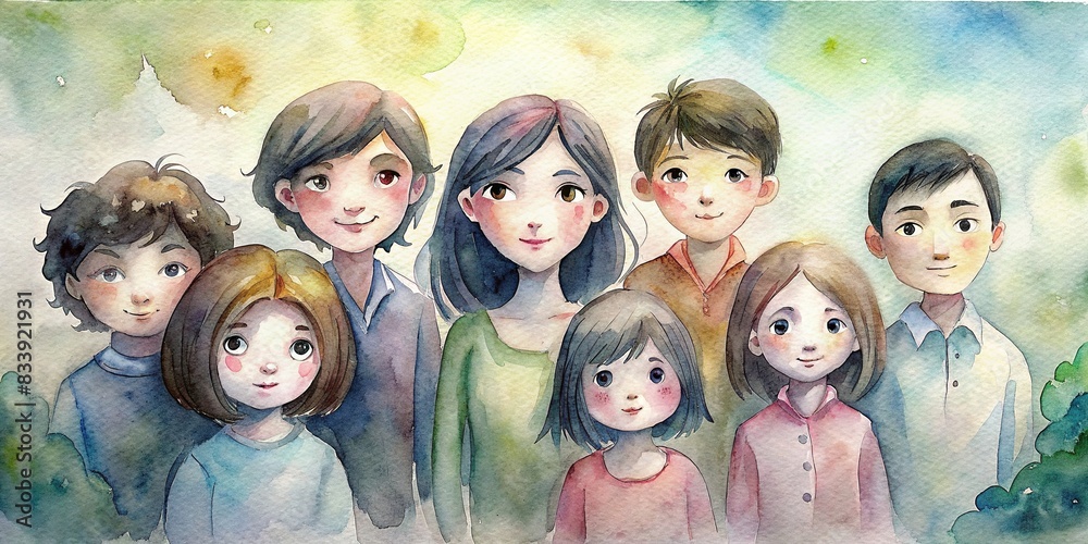 Cartoon of seven siblings with one black-haired sibling in watercolor ...