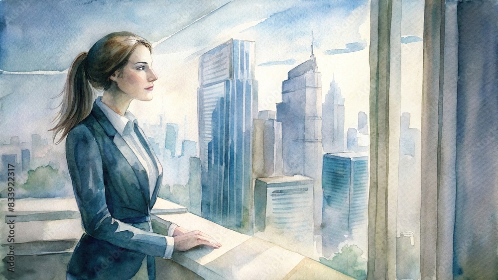 Watercolor painting of a professional business woman looking through ...