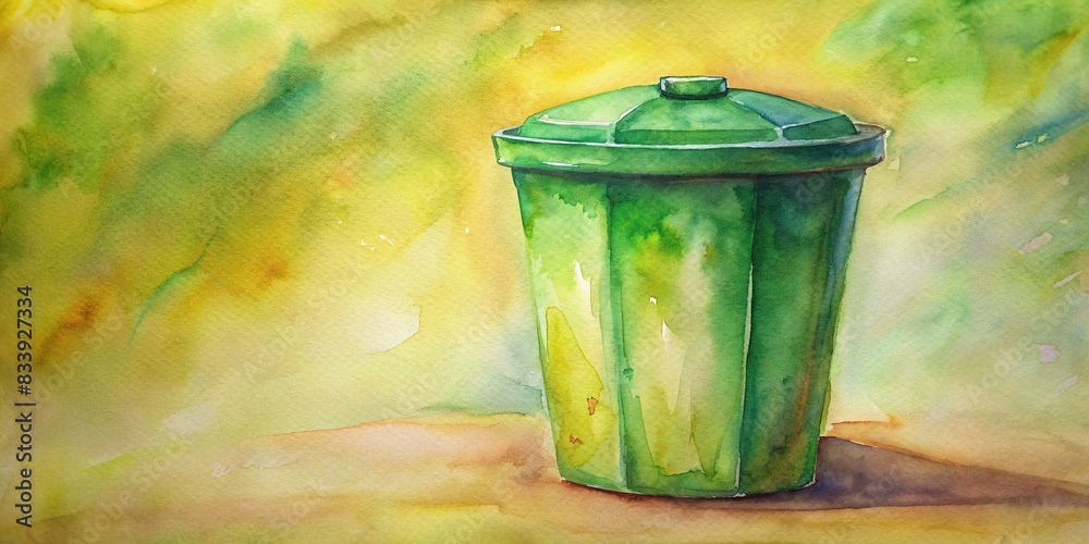 Green rubbish bin on yellow background, trash, waste, recycling, eco ...