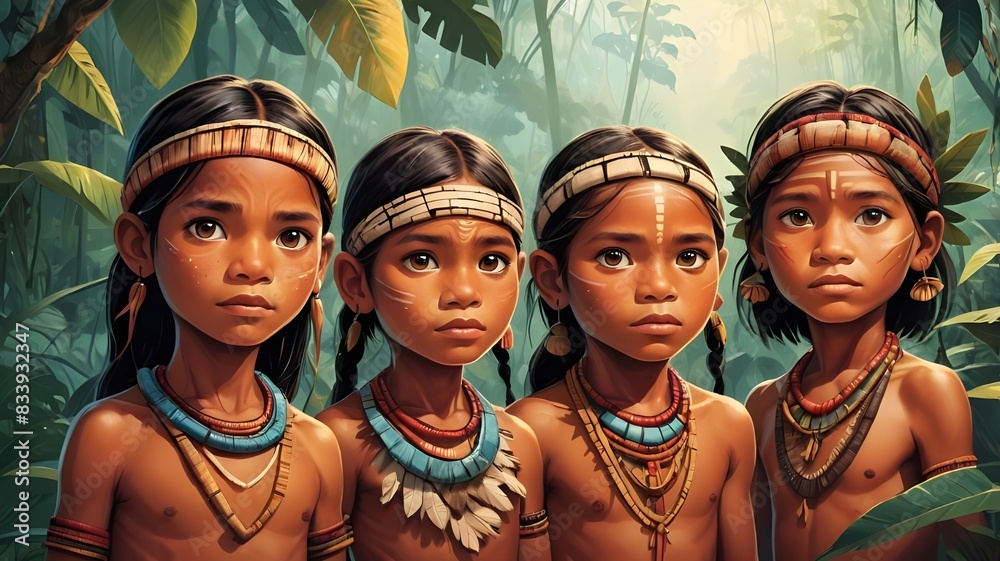 Vector illustration of the curious children of the Amazonian people ...