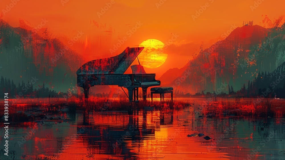 Create an image of a grand piano with a double exposure effect ...