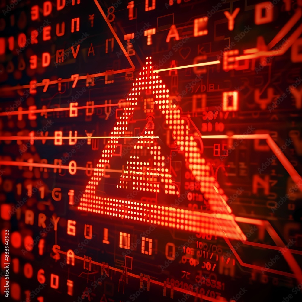 Abstract cybersecurity red alert warning symbol with binary letters and numbers on a digital ...