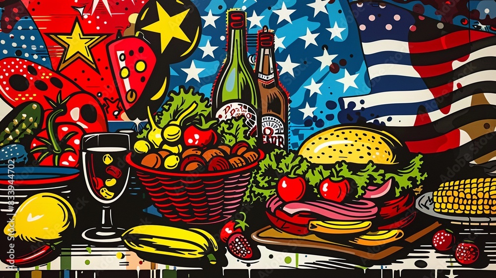 A pop art depiction of a dynamic concert with bold colors and energetic ...