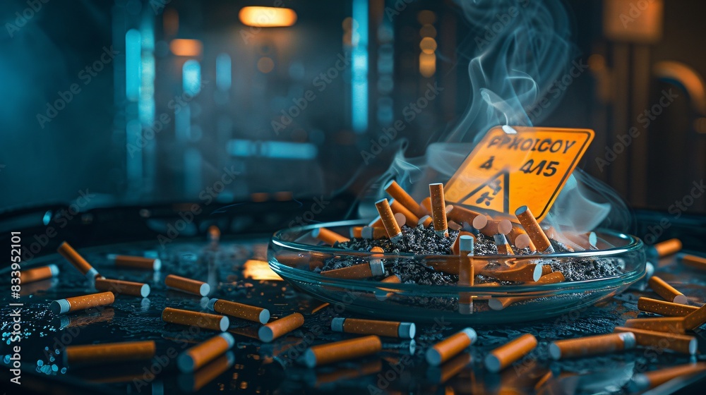 Smoking cigarettes in a glass ashtray with warning sign. Stock Photo ...