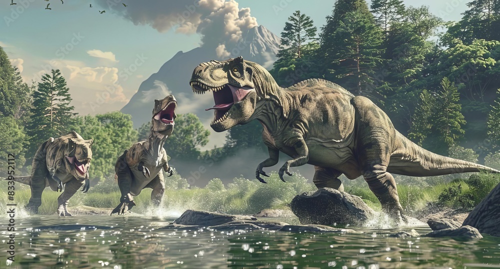 Realistic depiction of dinosaurs in a prehistoric landscape with ...
