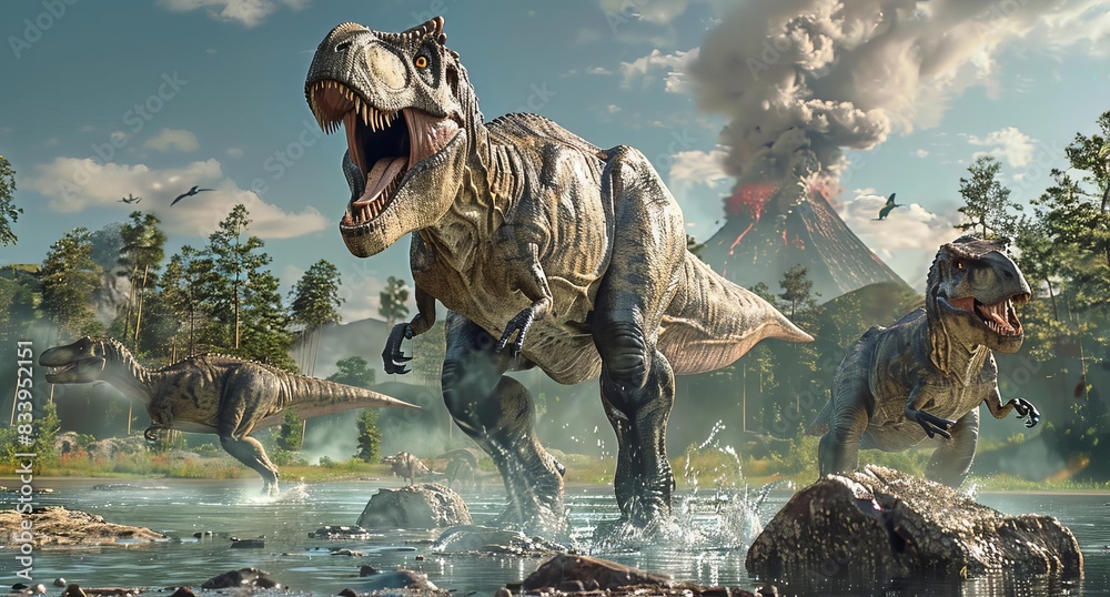 Realistic depiction of dinosaurs in a prehistoric landscape with ...
