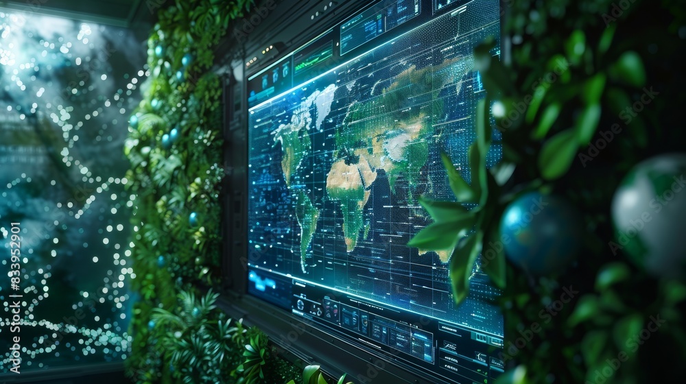 A computer monitor displays a map of the world with a green background ...