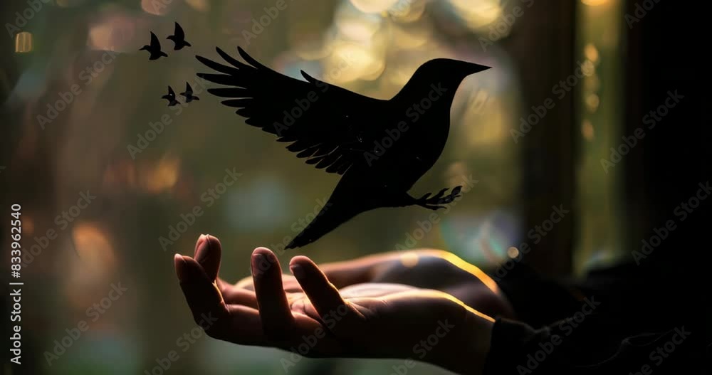 Hands making a bird shadow puppet, its shadow evolving into data ...