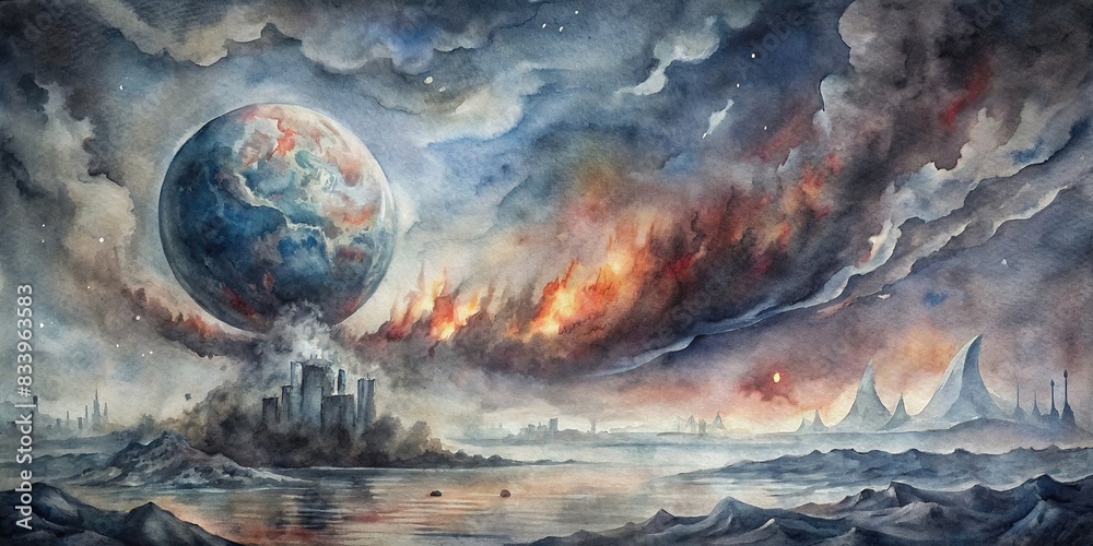 Dark, realistic watercolor depicting the concept of the end of the ...