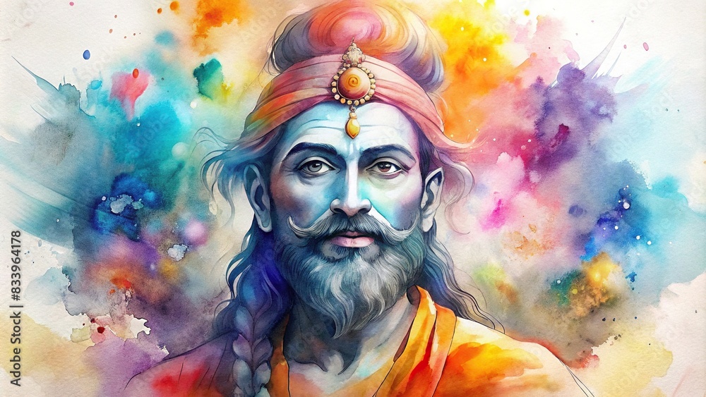 Watercolor of a colorful Guru Purnima poster with intricate calligraphy ...