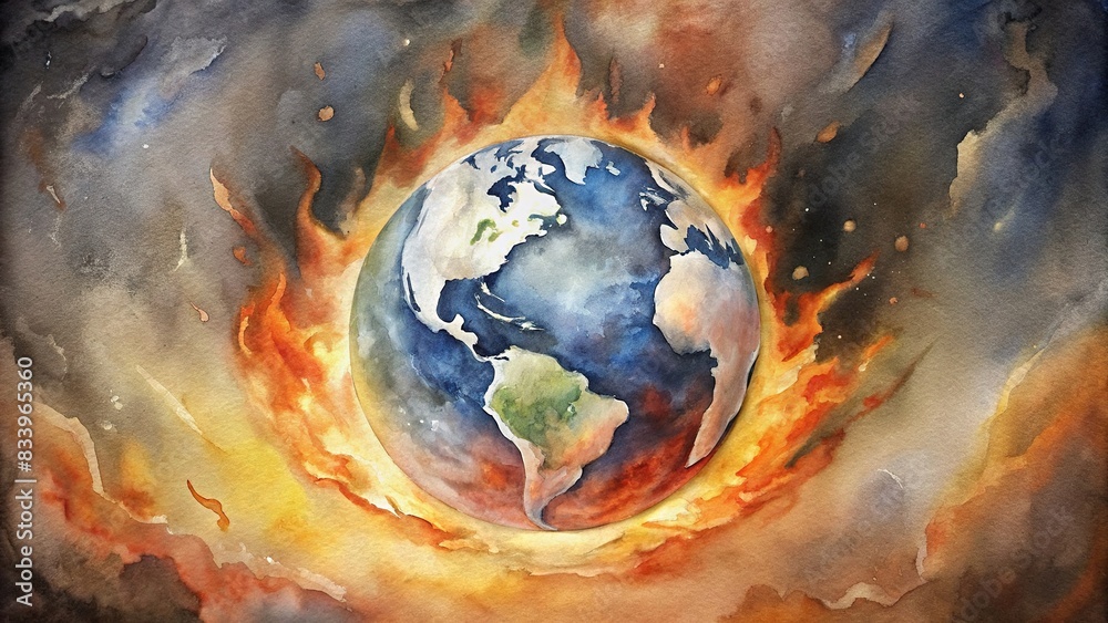 Haunting watercolor painting of Earth in flames surrounded by burning ...
