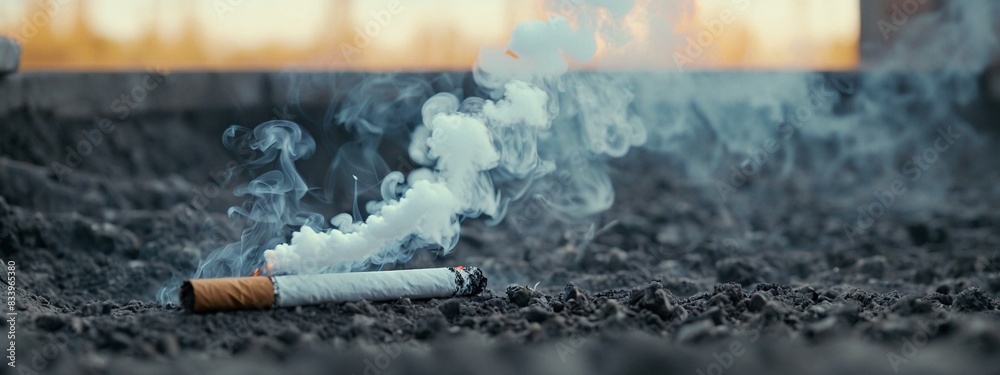 A burning cigarette causes a fire. Concept of no smoking day in a ...