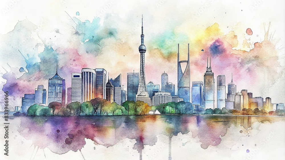 Auckland skyline line art watercolor , New Zealand, cityscape, urban ...