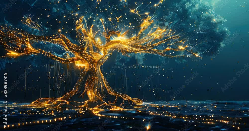 Tree with glowing data lines in roots and branches representing the ...