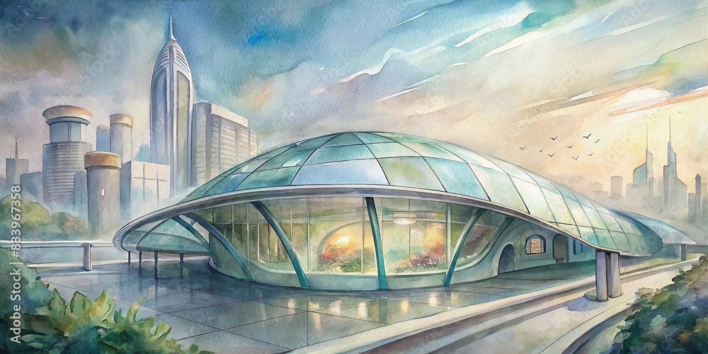 Futuristic smart city structure with curved glass roof and digital ...