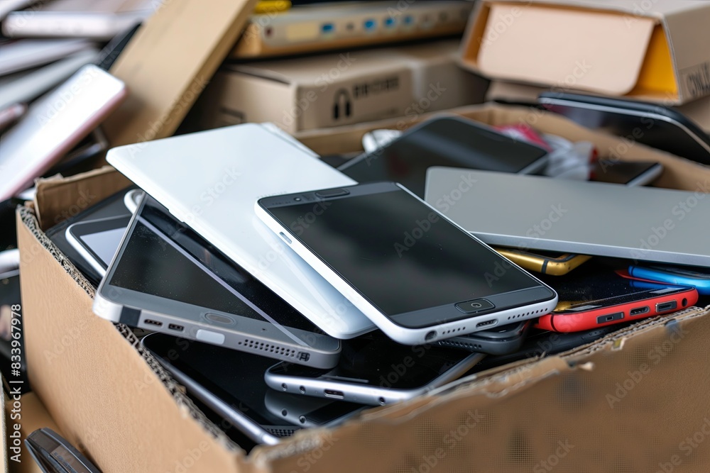 Box with used smartphones and pile of old laptop computers, digital ...
