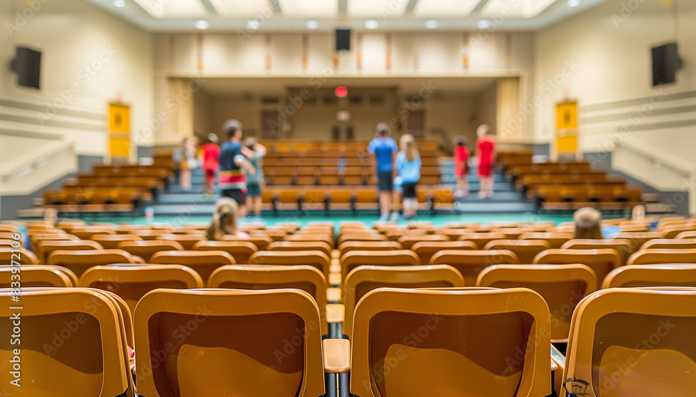 a of a school auditorium with rows of seats and a stage, capturing a ...