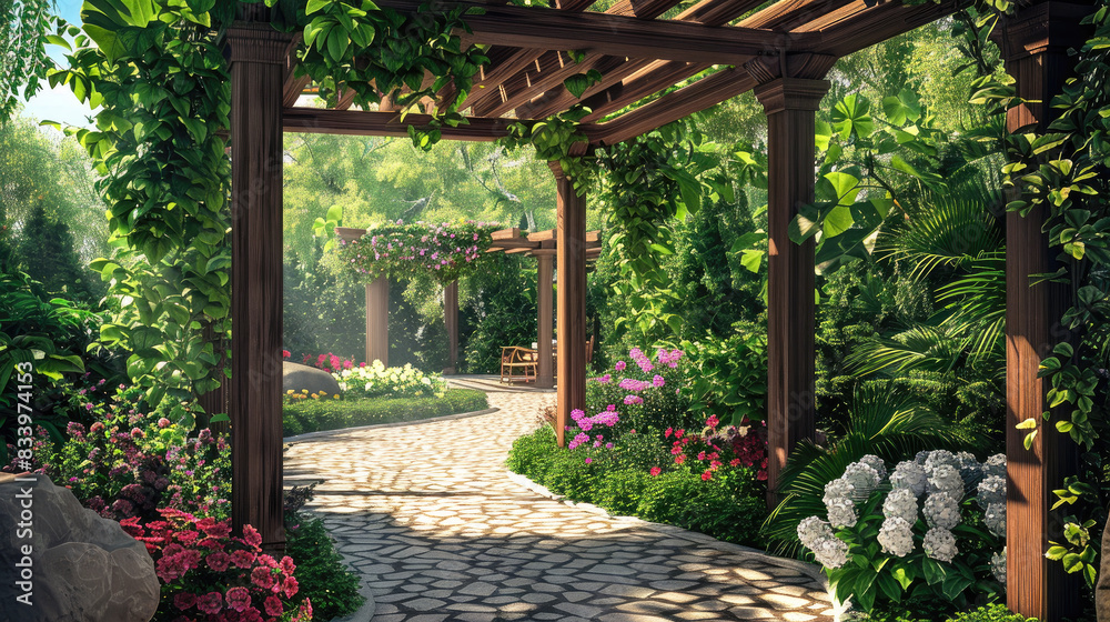 Cozy arbor and path at house backyard, pergola at landscaped home ...