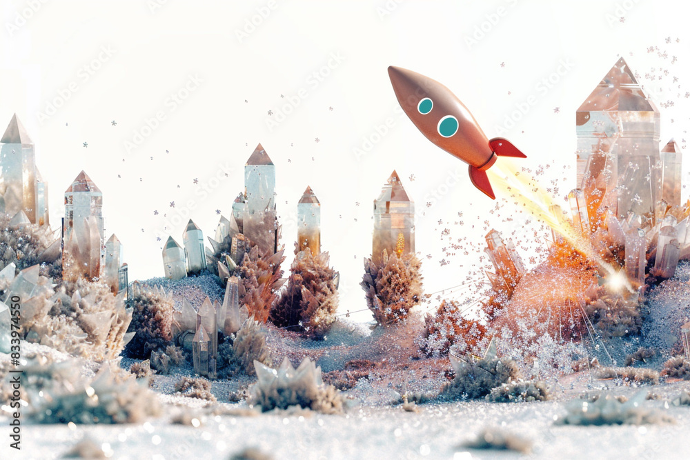 An otherworldly landscape dotted with crystalline formations, with a ...