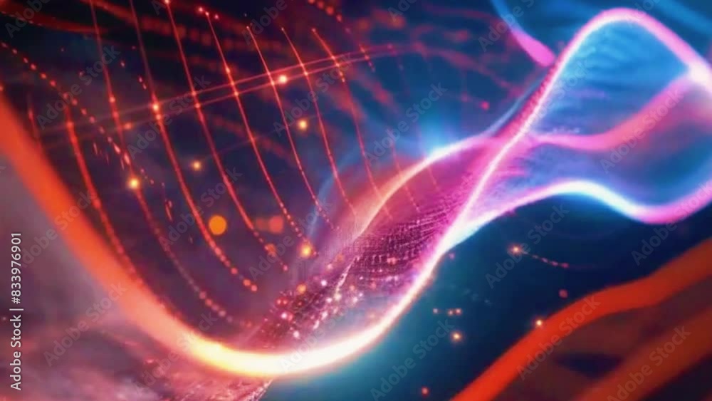 Blue and purple particles dancing along the paths of optical fibers ...