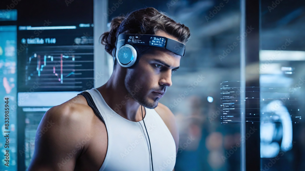 An individual using wearable technology to monitor health metrics and ...