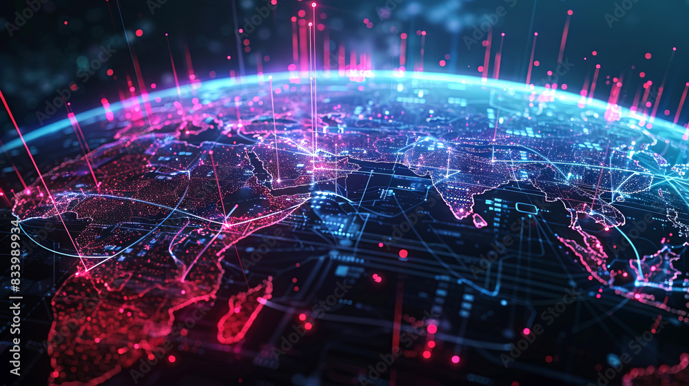 Futuristic digital world map with glowing global network connections ...