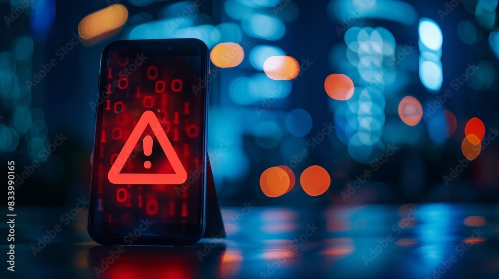 Smartphone displaying a warning symbol in a dark, illuminated cityscape ...
