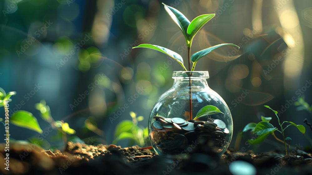 Small green plant in glass jar shown growing in natural sunlight ...