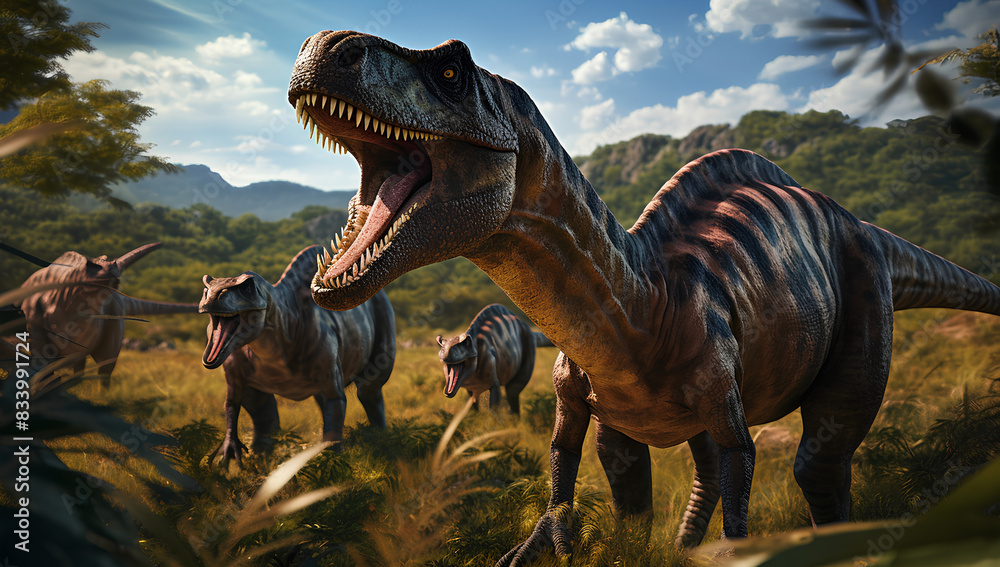 Dinosaurs in the Triassic period age in the green grass land and blue ...