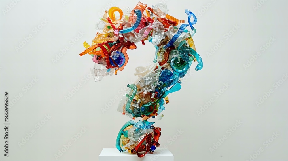 question mark made of colorful plastic waste, isolated on white ...