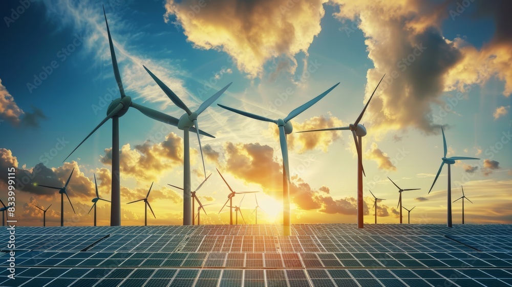 wind turbine with solar panels and sunset. concept clean energy. Energy ...