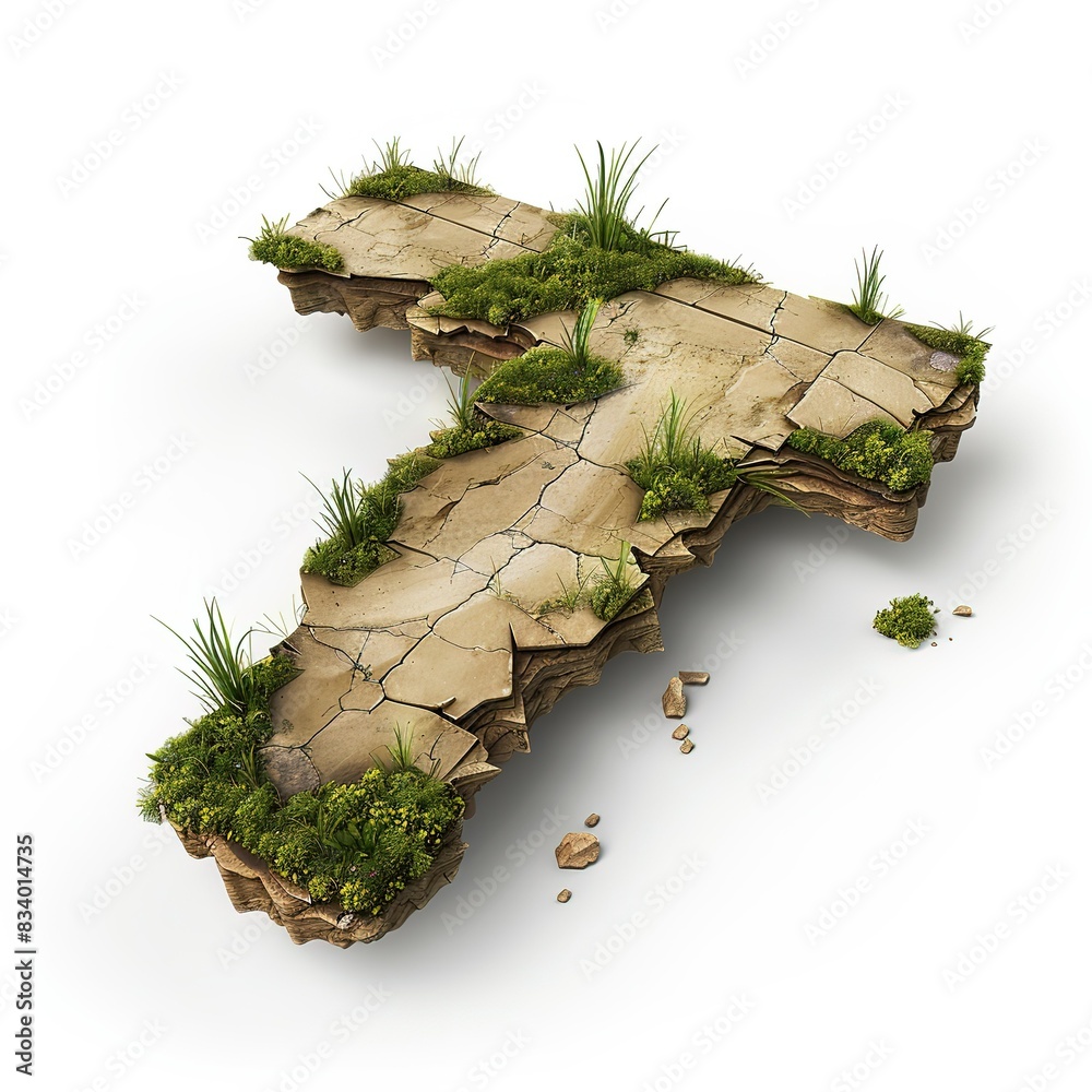 3d illustration of a soil slice of dried land with grass, isolated on ...
