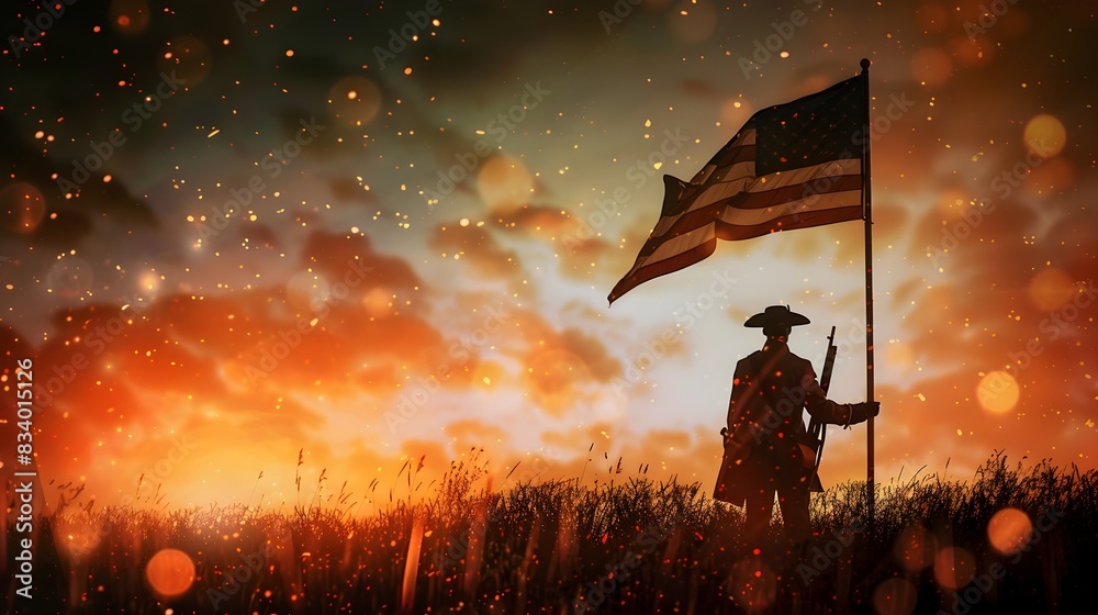 Backlit Silhouette of Colonial Minuteman Raising American Flag on Fiery ...