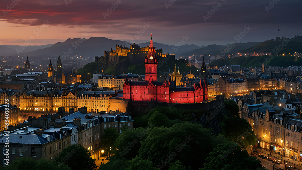 city castle at night, illuminated by soft lights, exudes a magical aura ...